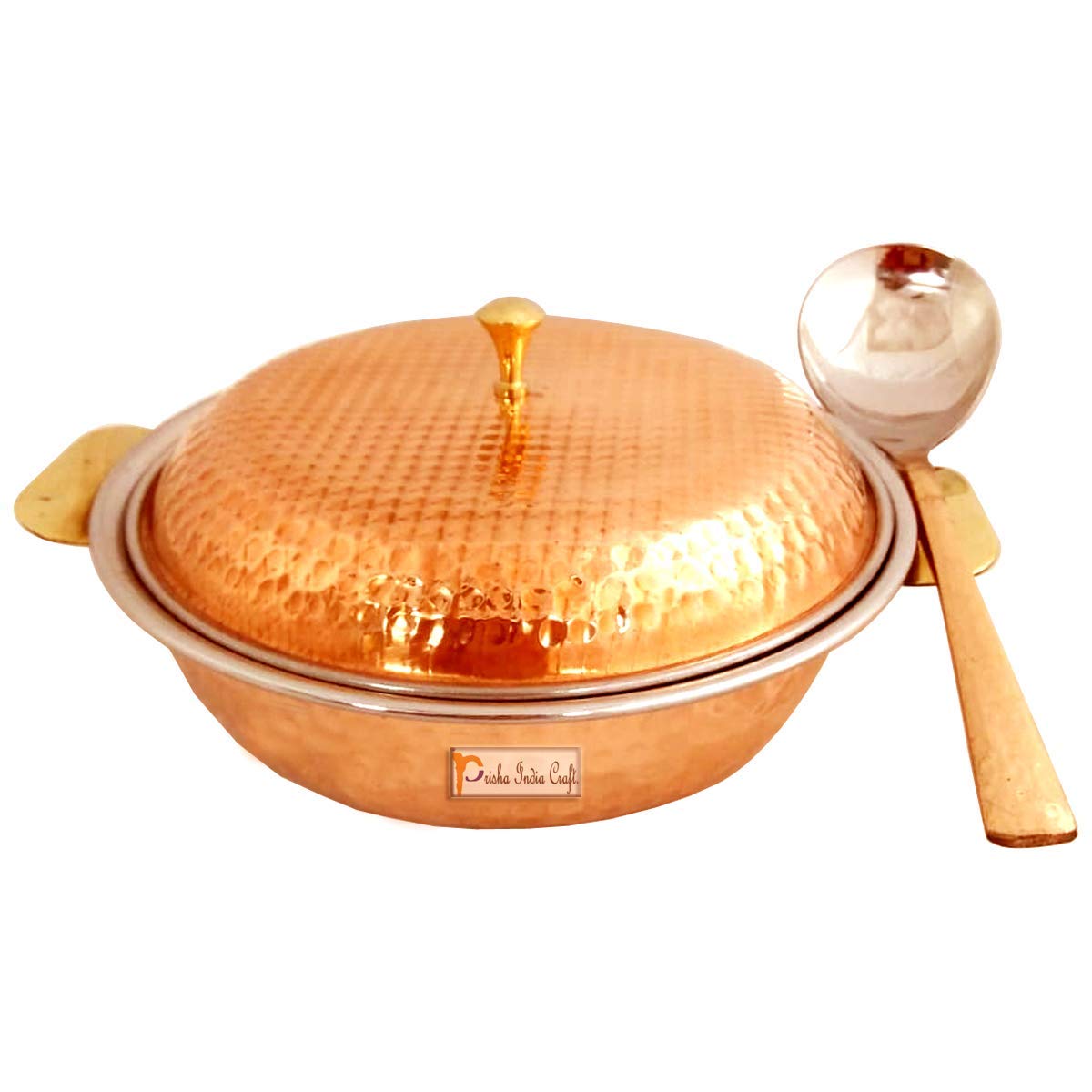 Prisha India Craft Hammered Steel Copper Casserole Donga Bowl/Copper Handi With Lid And Serving Spoon, Tableware & Serveware | Capacity 850 ML