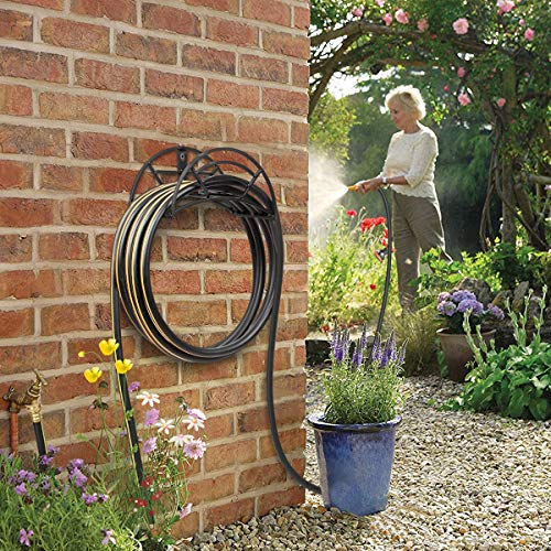 TomCare Garden Hose Holder Heavy Duty Water Hose Holder Wall Mount Hose Hanger Decorative Durable Garden Hose Storage Hose Reel Solid Metal Hose Stand Sturdy Hose Holders for Outside Yard, Black