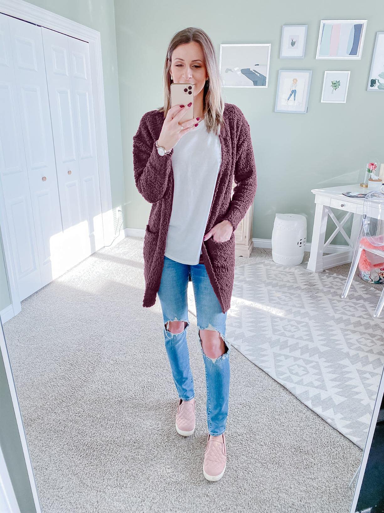 ZESICA Women's Fall Casual Long Sleeve Open Front Soft Chunky Knit Sweater Cardigan Outerwear,Maroon,Small