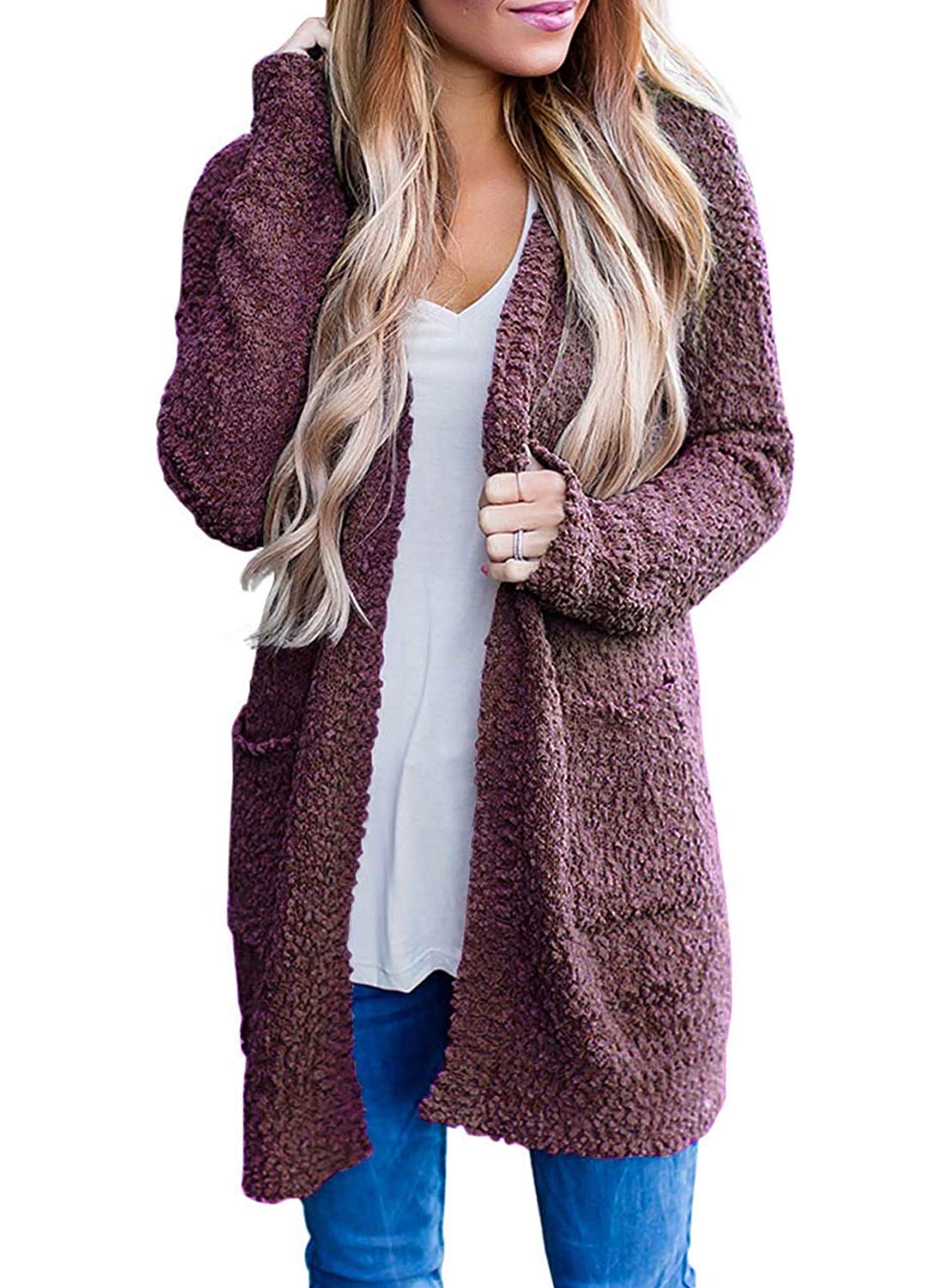 ZESICA Women's Fall Casual Long Sleeve Open Front Soft Chunky Knit Sweater Cardigan Outerwear,Maroon,Small