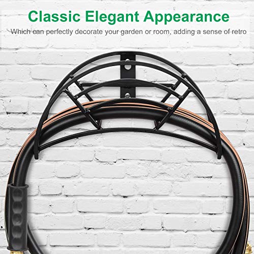 TomCare Garden Hose Holder Heavy Duty Water Hose Holder Wall Mount Hose Hanger Decorative Durable Garden Hose Storage Hose Reel Solid Metal Hose Stand Sturdy Hose Holders for Outside Yard, Black