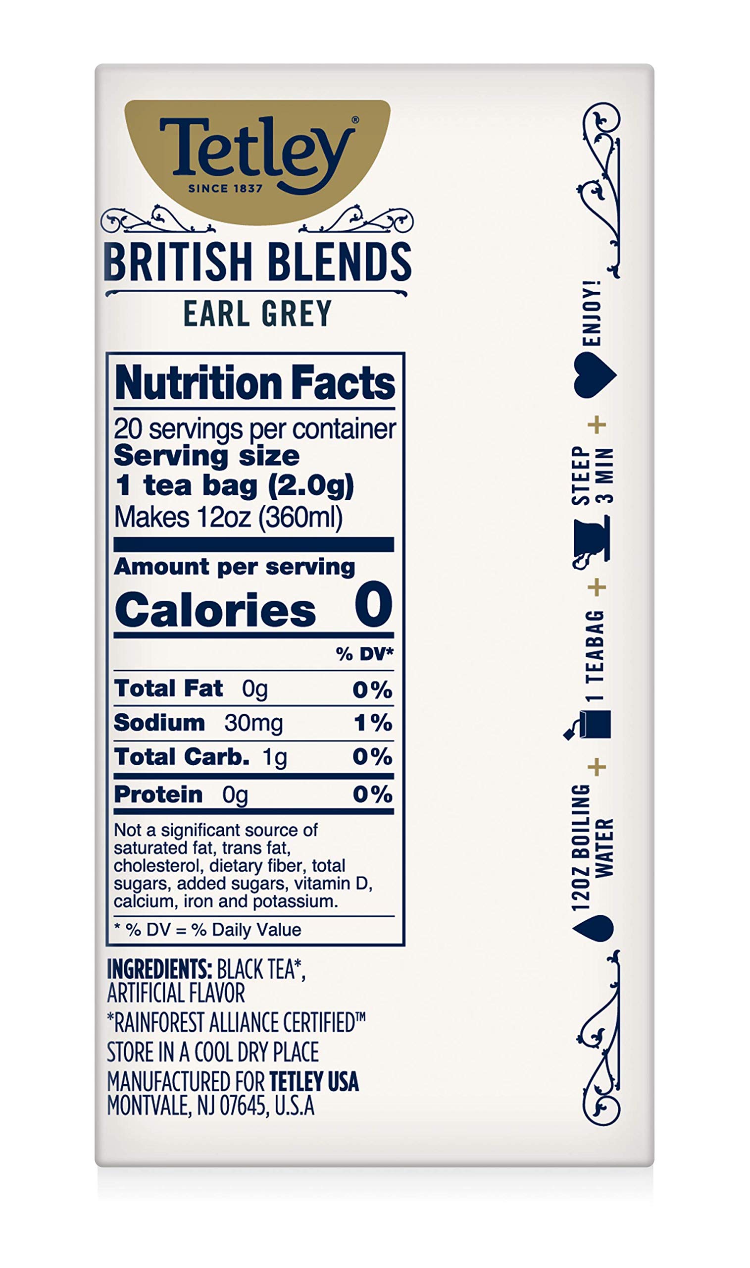 Tetley British Blends Earl Grey Black Tea, Fresh & Zesty Flavored Tea, 20 Teabags (Pack of 6), Rainforest Alliance Certified