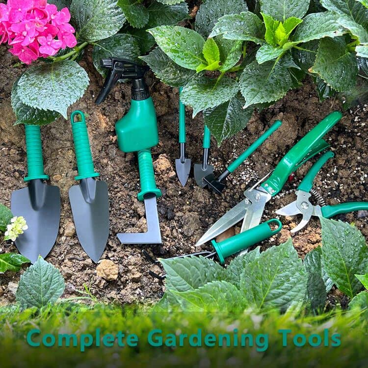 KENNEDICH Garden Tools Set,Stainless Steel Garden Planting Tools Kit with Green Carrying Case, Ideal Gardening Gift (10 PCS )