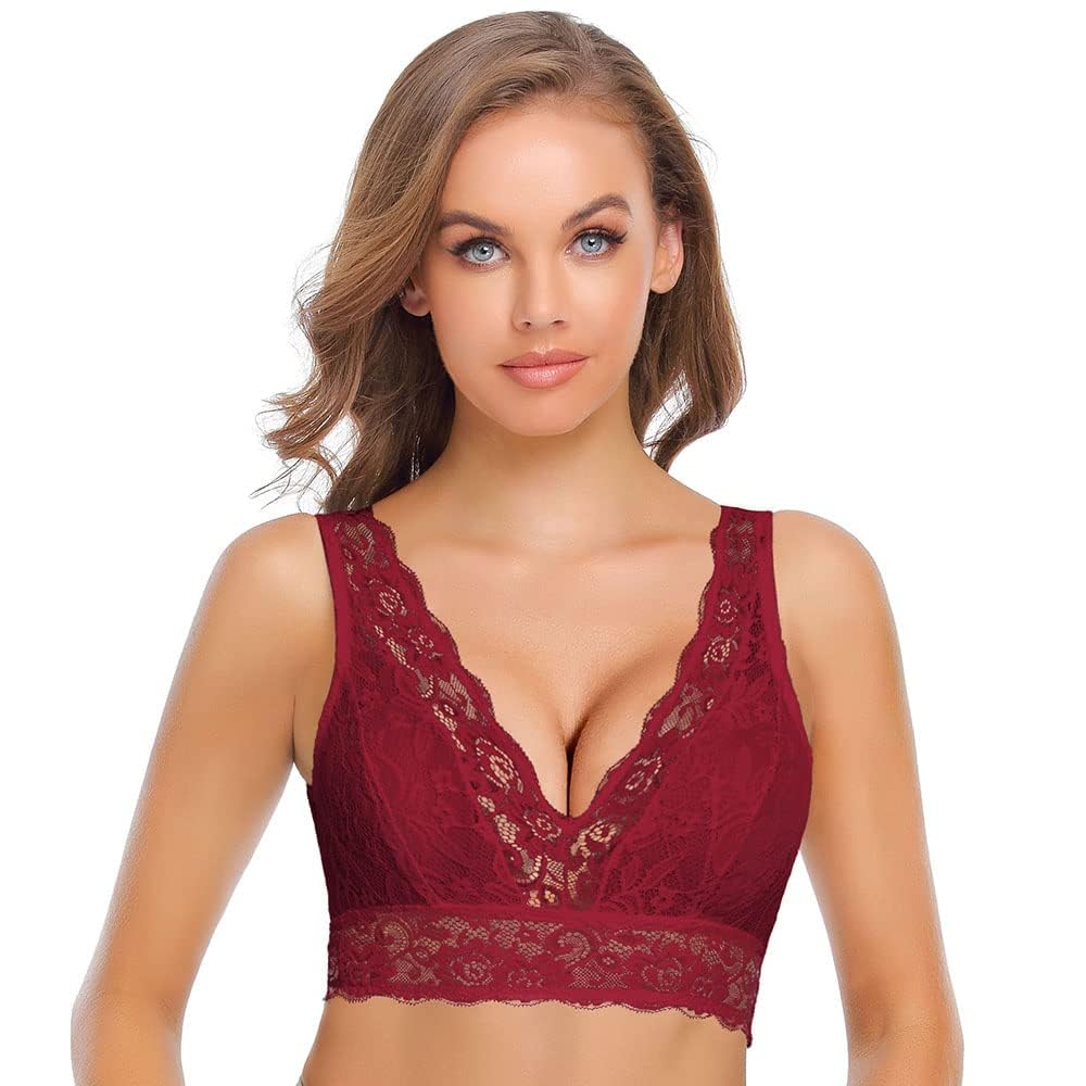 SHEKINI Lace Bralettes Womens Padded Deep V-Neck Wireless Bra Floral Sexy Comfort Everyday Bra Wine Red