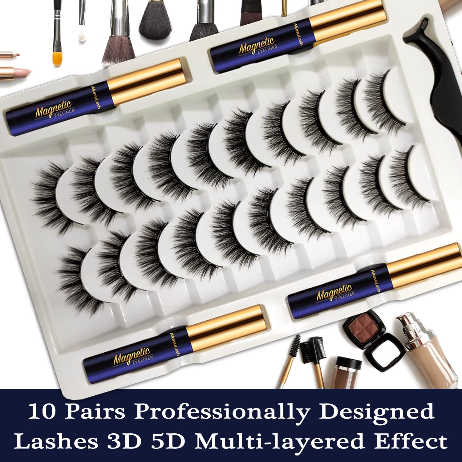 AkesuLash Magnetic Eyelashes Natural Look - Magnetic Lashes with 4 Tube of Magnetic Eyeliner - 10 Pairs Mangetic False Eyelashes Kit with Applicator - Easy to Apply