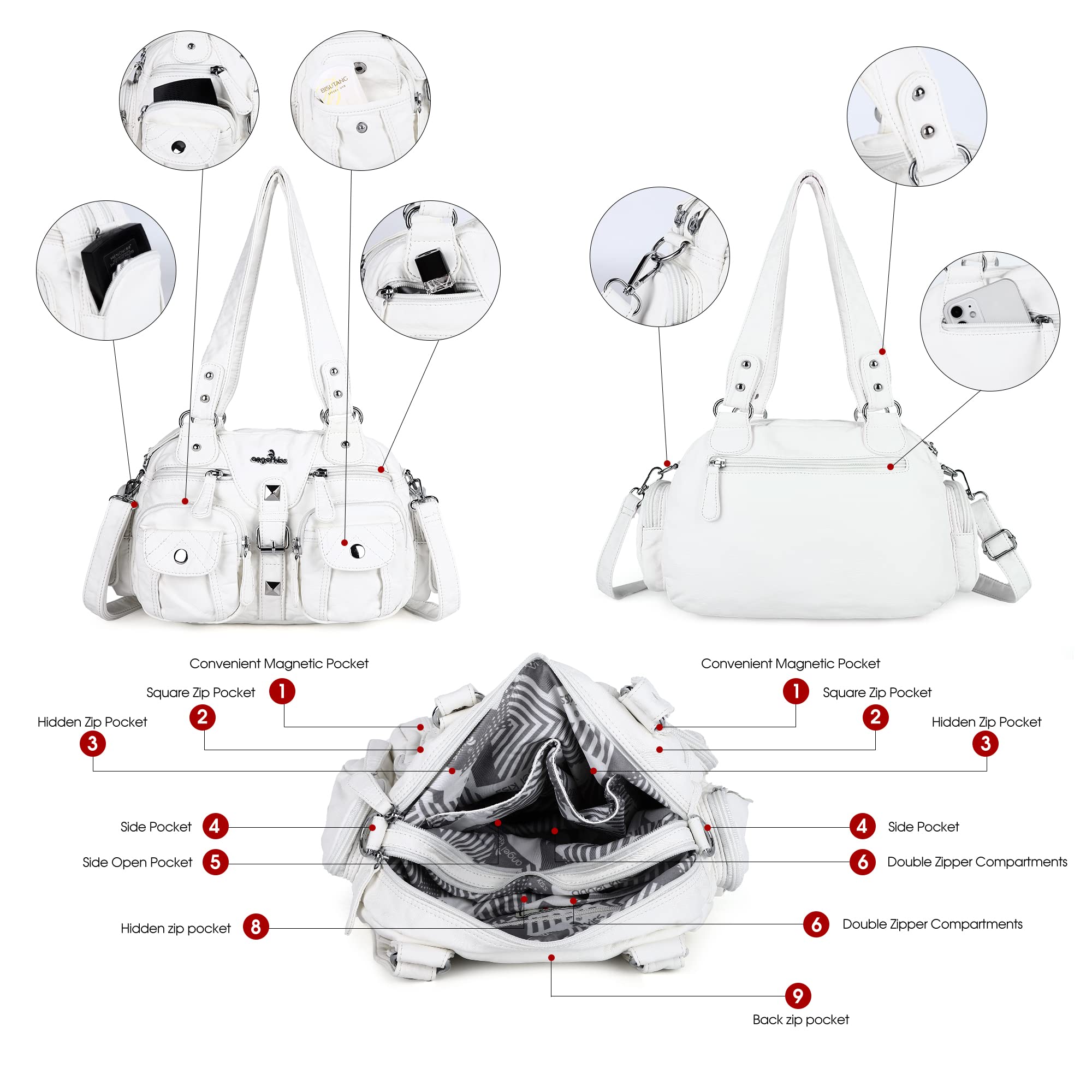 Angel Kiss Hobo Crossbody Purses for Women Shoulder Bag Multipocket Soft Hobo Purses Removable Strap Leather Handbags