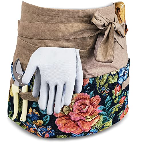 MILCIL Garden Apron for Woman, Gardening Florist Apron, Half Apron with 8 Pockets and 6 Strong Fabric Hangers for Tools or Gloves, Blue