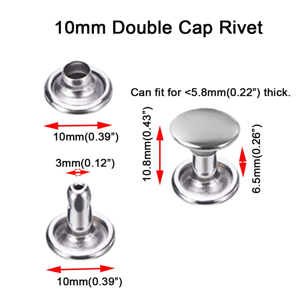 160sets Stainless Steel Leather Rivets Double Cap Rivet Tubular Metal Studs Repairs Decoration Craft Accessories for Leather Craft Clothes Shoes Bags Belts (10mm Silver)