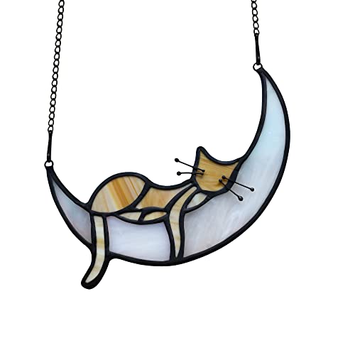 BOXCASA Orange Cat Decor,Tabby Cat Suncatchers Decor for Cat Lovers, Handcrafted Stained Glass Window Hangings for Sleeping Cat on Moon Decoration,Cat Ornament for Patio,Living Room,Office