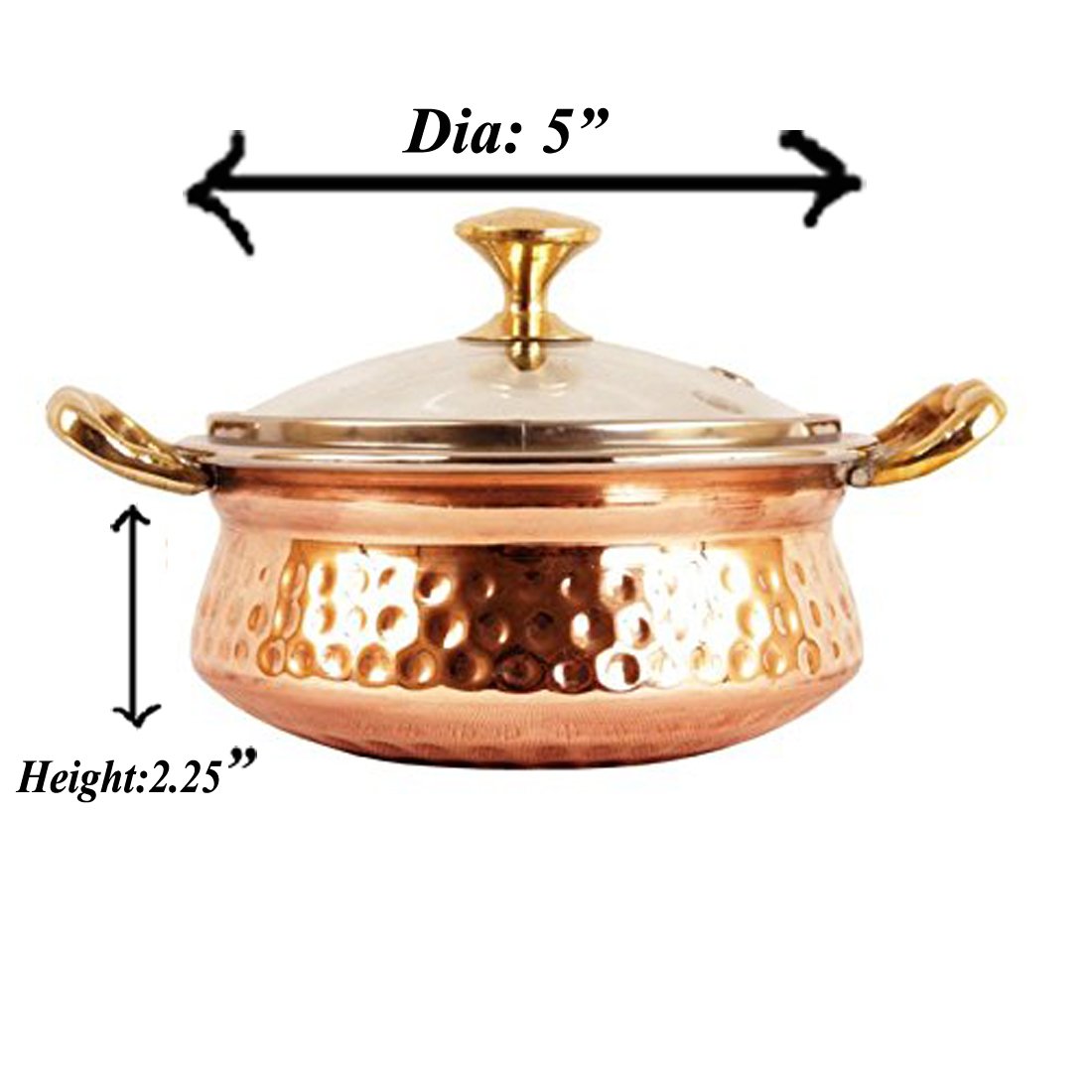 Prisha India Craft Hammered Copper Serving Bowl for Food Soup with Handle and Glass Lid, Bowl Diameter 5.00" X Height - 2.25"