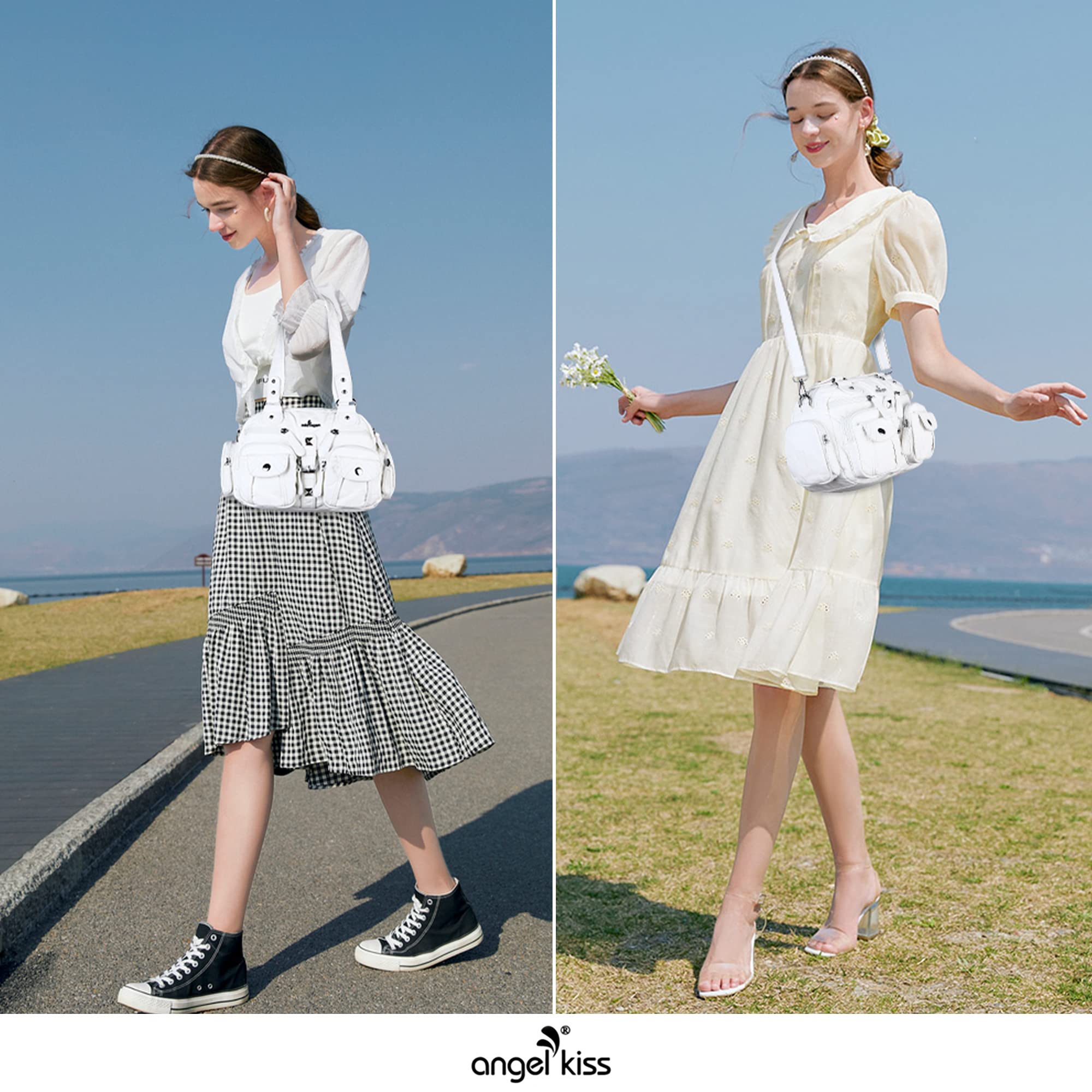 Angel Kiss Hobo Crossbody Purses for Women Shoulder Bag Multipocket Soft Hobo Purses Removable Strap Leather Handbags