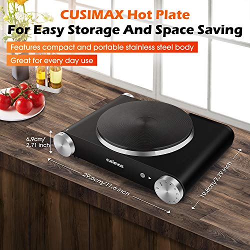 CUSIMAX Electric Burner Hot Plate for Cooking Cast Iron hot plates, Adjustable Temperature Control, Non-Slip Rubber Feet Stainless Steel Easy to Clean, Your Kitchen Assistant