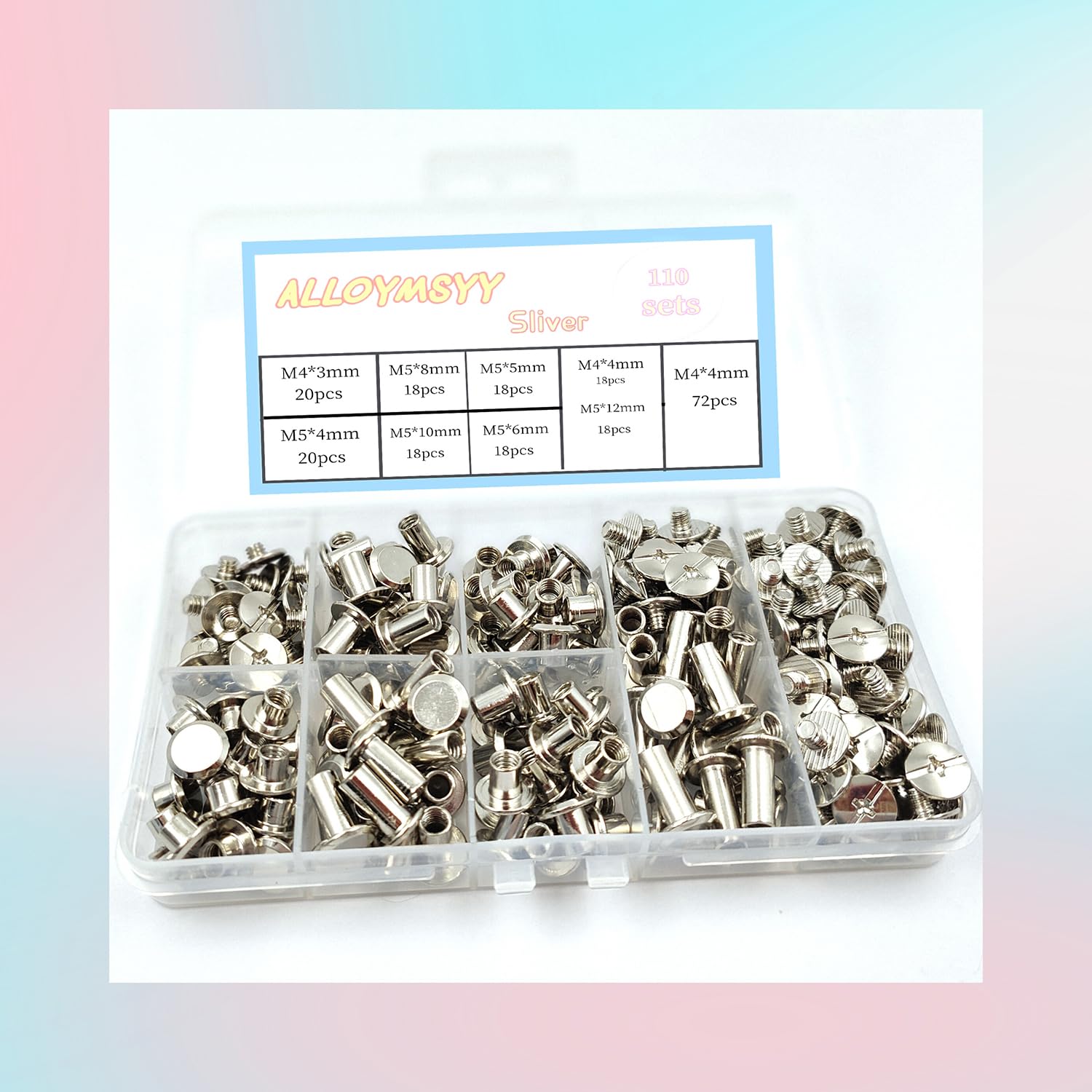 ALLOYMSYY 110 Sets Chicago Screws Leather Rivets Kit, for Binding Screws Trim and Repair Leather Craft Belt, Bag, Shoe, Purse Binding (Silver,M5*4.5.6.8.10.12.)