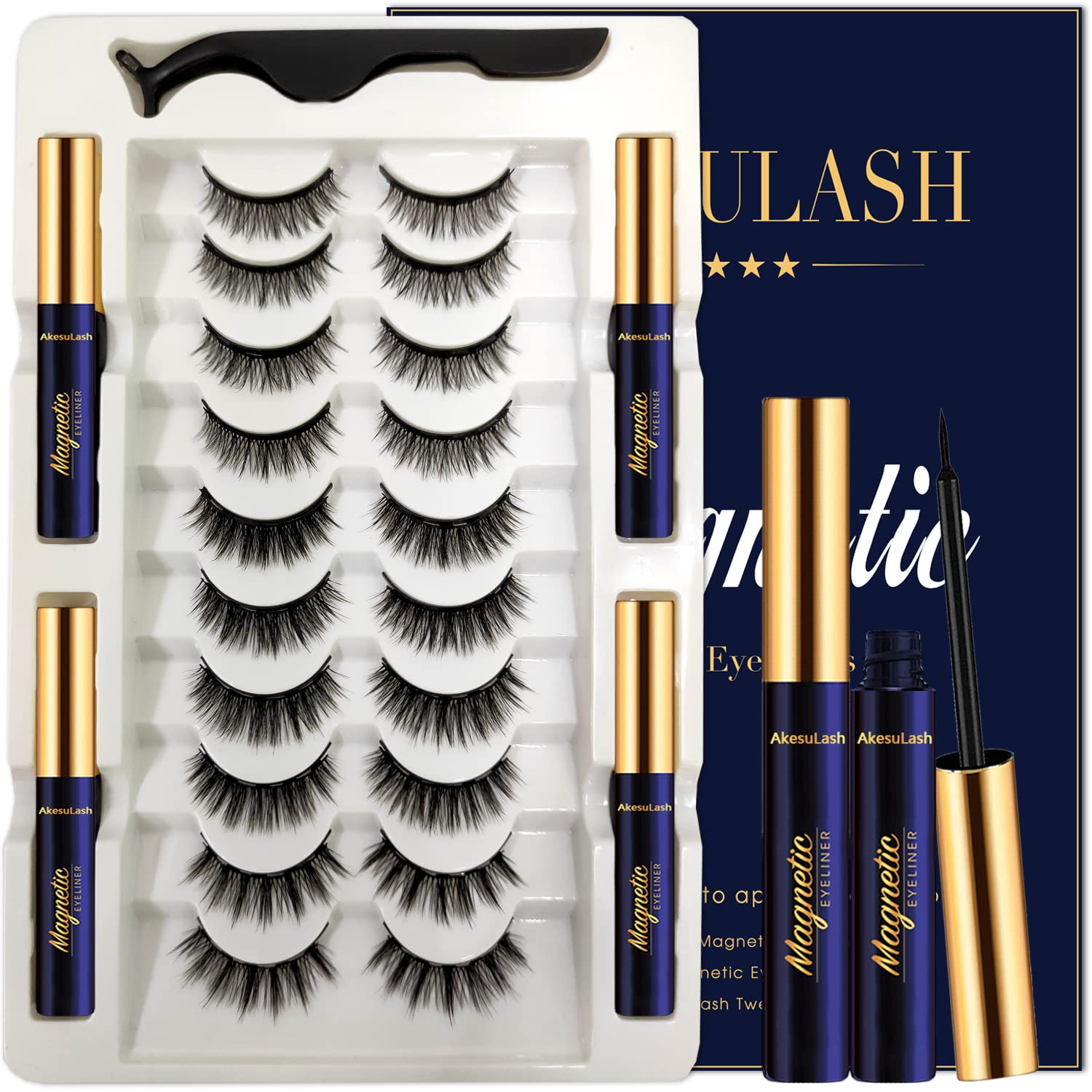 AkesuLash Magnetic Eyelashes Natural Look - Magnetic Lashes with 4 Tube of Magnetic Eyeliner - 10 Pairs Mangetic False Eyelashes Kit with Applicator - Easy to Apply