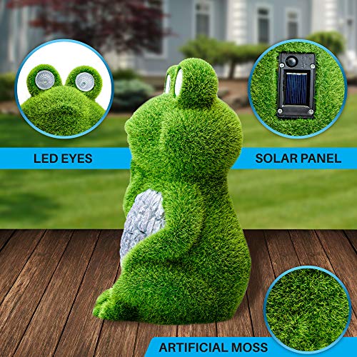 Garden Statue of Frog with Solar Light Eyes - Outdoor Spring Decoration - Garden Frog Figurine for Patio, Balcony, Yard, Lawn Ornament - Unique Housewarming Gift