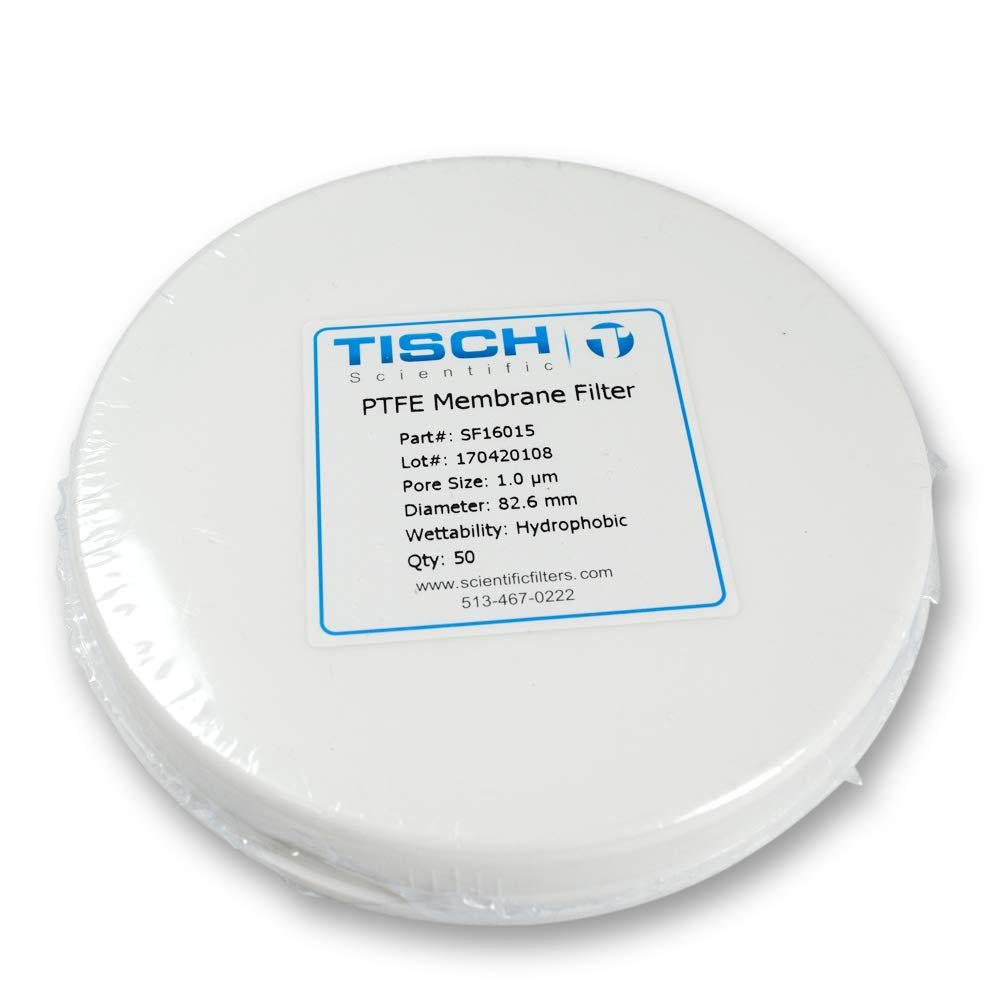 Tisch Brand SF16015 PTFE Polytetrafluoroethylene Membrane Filter, 1.0um, 82.6mm, 1/pk/50 per Pack | Wettability: Hydrophobic | Maximum Operating Temperature: 130 Degrees C |