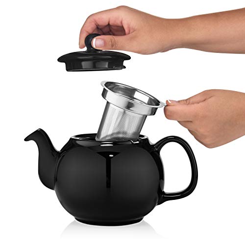 SAKI Large Porcelain Teapot, 48 Ounce Tea Pot with Infuser, Loose Leaf and Blooming Tea Pot - Black