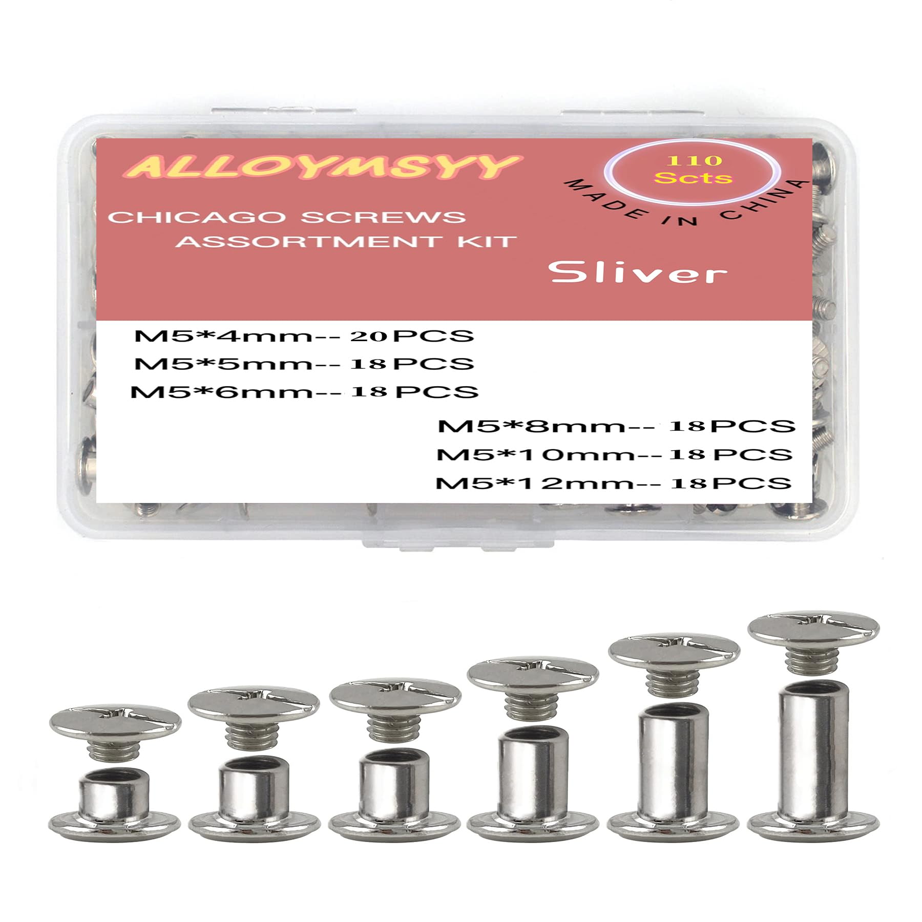 ALLOYMSYY 110 Sets Chicago Screws Leather Rivets Kit， for Binding Screws Trim and Repair Leather Craft Belt, Bag, Shoe, Purse Binding (Silver，M5*4.5.6.8.10.12.)