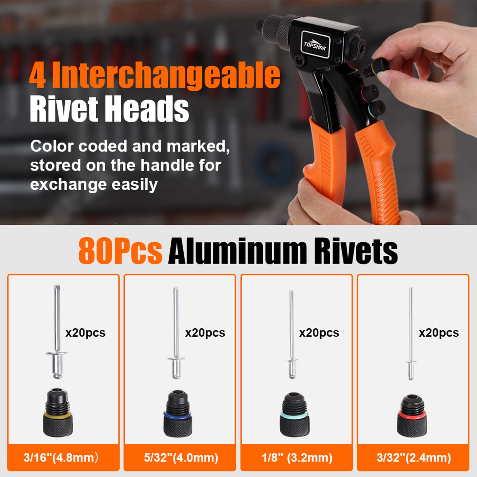TOPSHAK Rivet Gun, RG1 Manual Rivet Gun Kit with 80 Free Aluminum Rivets, Hand Riveter Single Rivet Tool,Manual Short-inch Rivet Tool, Stainless Steel Rivet Machine