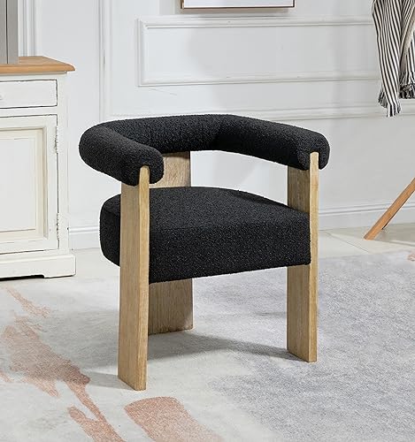 Meridian Furniture 566Black-C Barrel Collection Mid-Century Modern Dining Chair with Solid Wood Natural Finish, Rich Black Boucle Fabric, 27.5" W x 24" D x 28" H, Black