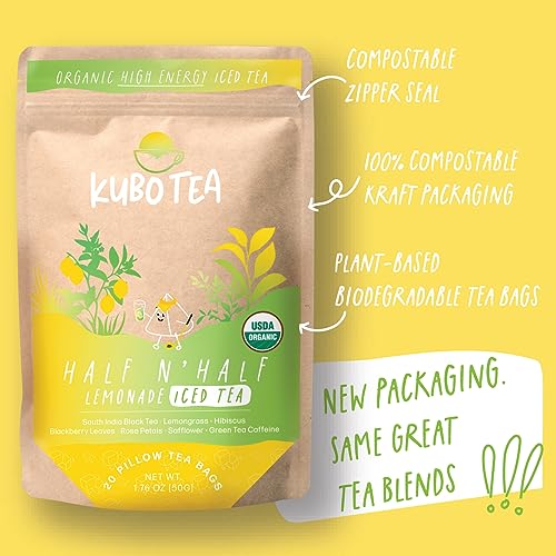 Kubo Tea, Organic High Energy Ice Tea, High Caffeine Blend, 20 Servings (155mg Caffeine each), Pillow Tea Bags, Kraft Packaging, Healthy Coffee Substitute (Half & Half Lemonade)