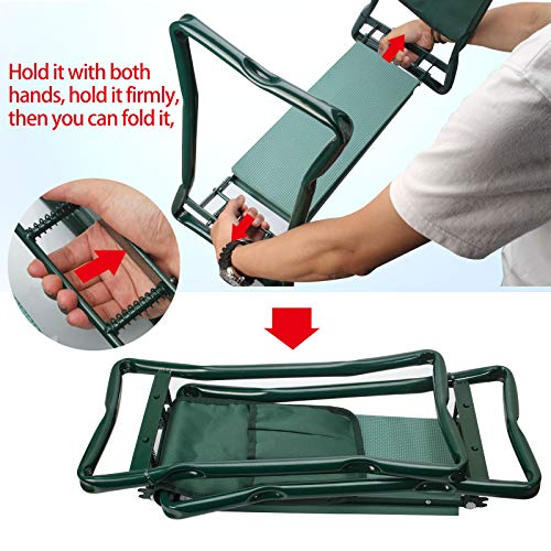 Heavy Duty Gardening Bench for Kneeling, Sitting Folding 2 in 1 Chair and Stool, Outdoor Knee Pads for Women/Men Floor Work Gifts, Free 2 Large Tool Pouch, Light-Weighted Sturdy Steel Pipe Structure