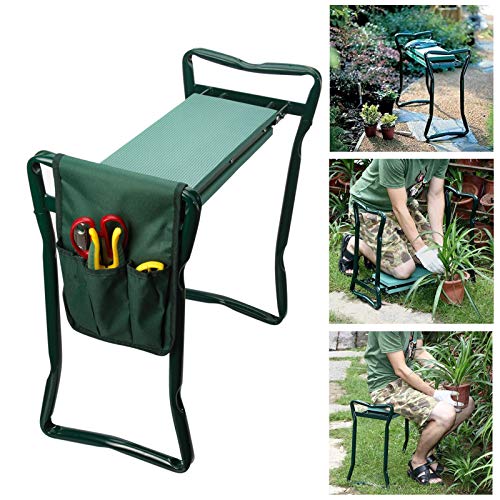 Heavy Duty Gardening Bench for Kneeling, Sitting Folding 2 in 1 Chair and Stool, Outdoor Knee Pads for Women/Men Floor Work Gifts, Free 2 Large Tool Pouch, Light-Weighted Sturdy Steel Pipe Structure