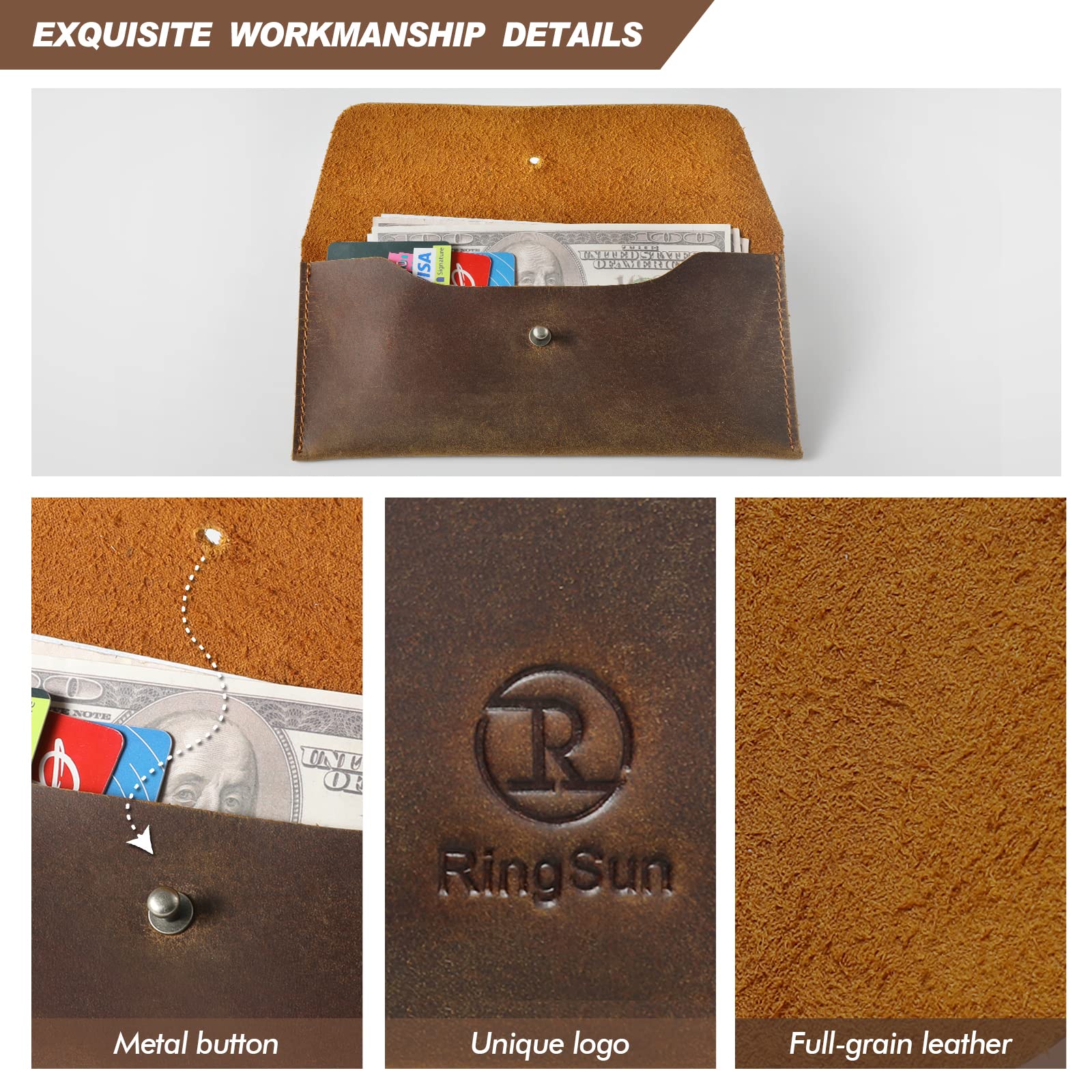 Ringsun Genuine Leather Cash Envelopes for Men, Reusable Budget Envelope Wallet, Retro Clutch Wallet for Men, Cash Wallet for Men,Minimalist Wallet for Men Women, Black