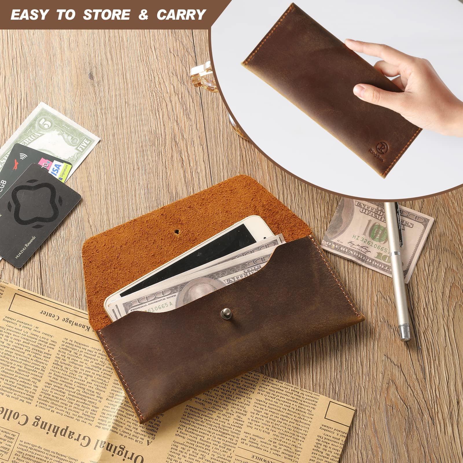 Ringsun Genuine Leather Cash Envelopes for Men, Reusable Budget Envelope Wallet, Retro Clutch Wallet for Men, Cash Wallet for Men,Minimalist Wallet for Men Women, Black