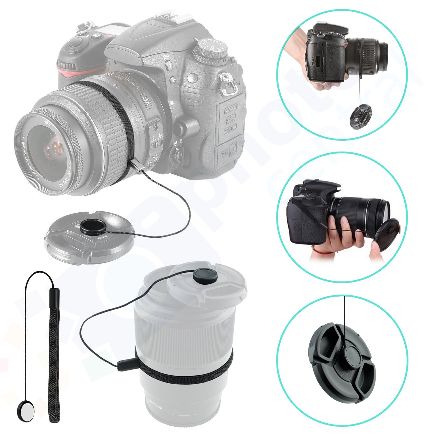 Front Center Pinch Lens Cap Cover Protector + Cap Keeper + Cleaning Cloth for Canon EF-S 18-200mm f/3.5-5.6 is Lens