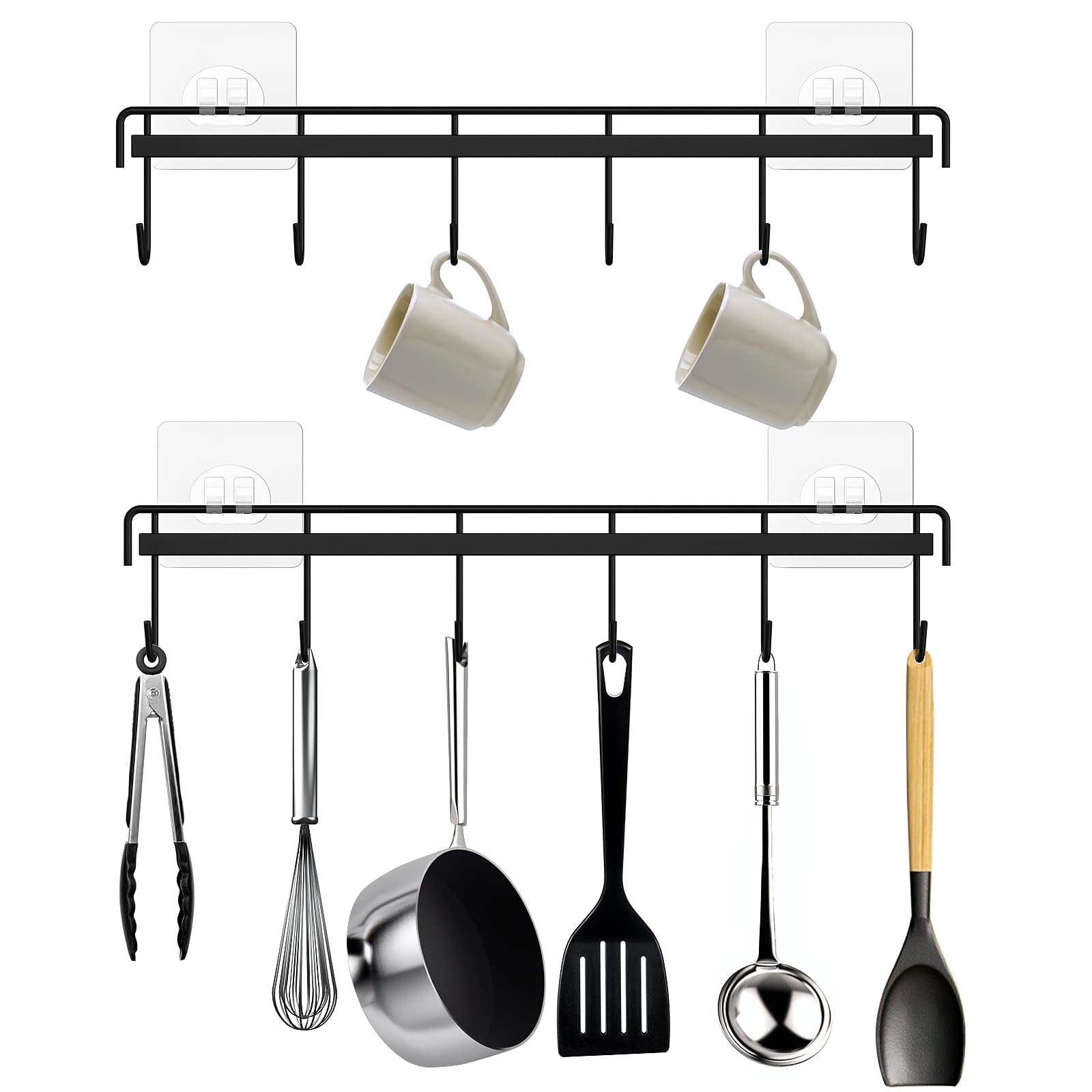 HOMEBROS Kitchen Utensil Rail Rack, 2 Packs Adhesive Utensil Rack Holder with 6 Hooks No Drilling Wall Mounted Hanger for Kitchenware Cups Mugs Towels - Black