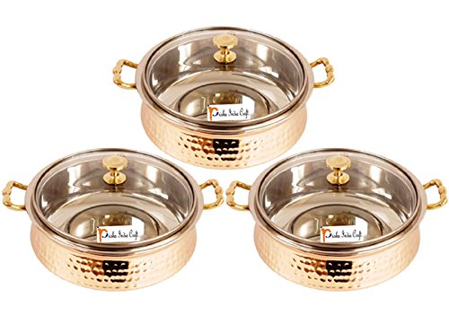 Set of 3 Prisha India Craft SMALL SIZE Steel Copper HANDI with Lid and Serving Spoon - Set of Copper Handi and Serving Spoon - Bowl Dia - 5.00" X Height - 2.25" - Christmas Gift