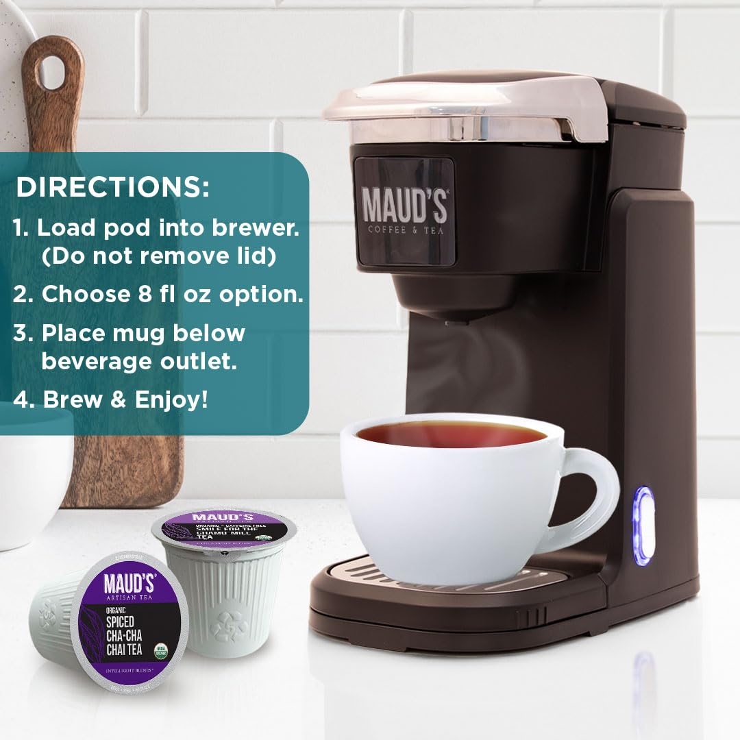 Maud's 8 Blend Organic Tea Pods Variety Pack, 48 ct, 8 Assorted Flavors, Recyclable Single Serve Tea Pods –100% Gourmet Blended Tea Leaves, Compatible with Keurig K Cups Maker