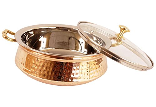 Set of 3 Prisha India Craft SMALL SIZE Steel Copper HANDI with Lid and Serving Spoon - Set of Copper Handi and Serving Spoon - Bowl Dia - 5.00" X Height - 2.25" - Christmas Gift