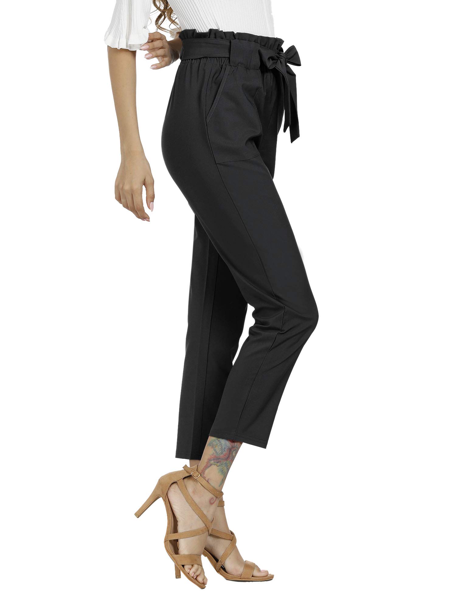 Freeprance Women's Pants Casual Trouser Paper Bag Pants Elastic Waist Slim Pockets XBK M Black