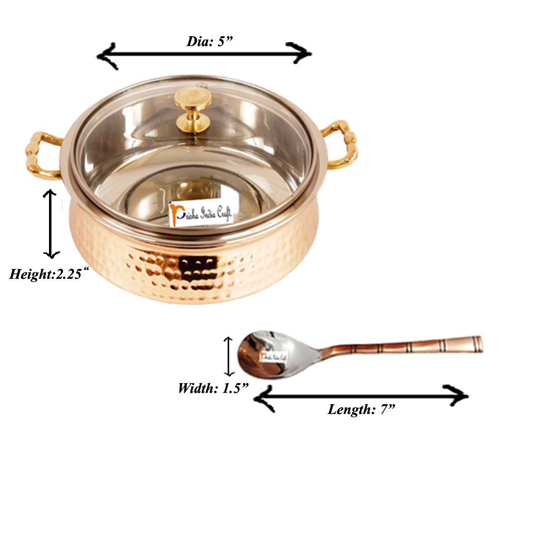 Set of 3 Prisha India Craft SMALL SIZE Steel Copper HANDI with Lid and Serving Spoon - Set of Copper Handi and Serving Spoon - Bowl Dia - 5.00" X Height - 2.25" - Christmas Gift