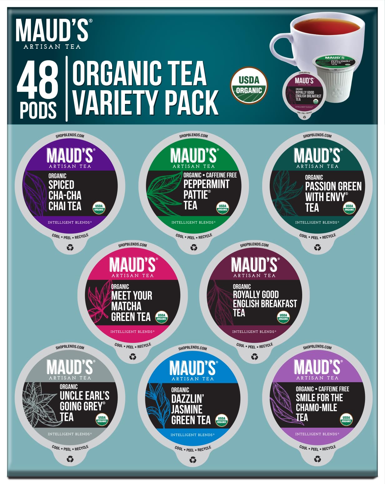 Maud's 8 Blend Organic Tea Pods Variety Pack, 48 ct, 8 Assorted Flavors, Recyclable Single Serve Tea Pods –100% Gourmet Blended Tea Leaves, Compatible with Keurig K Cups Maker
