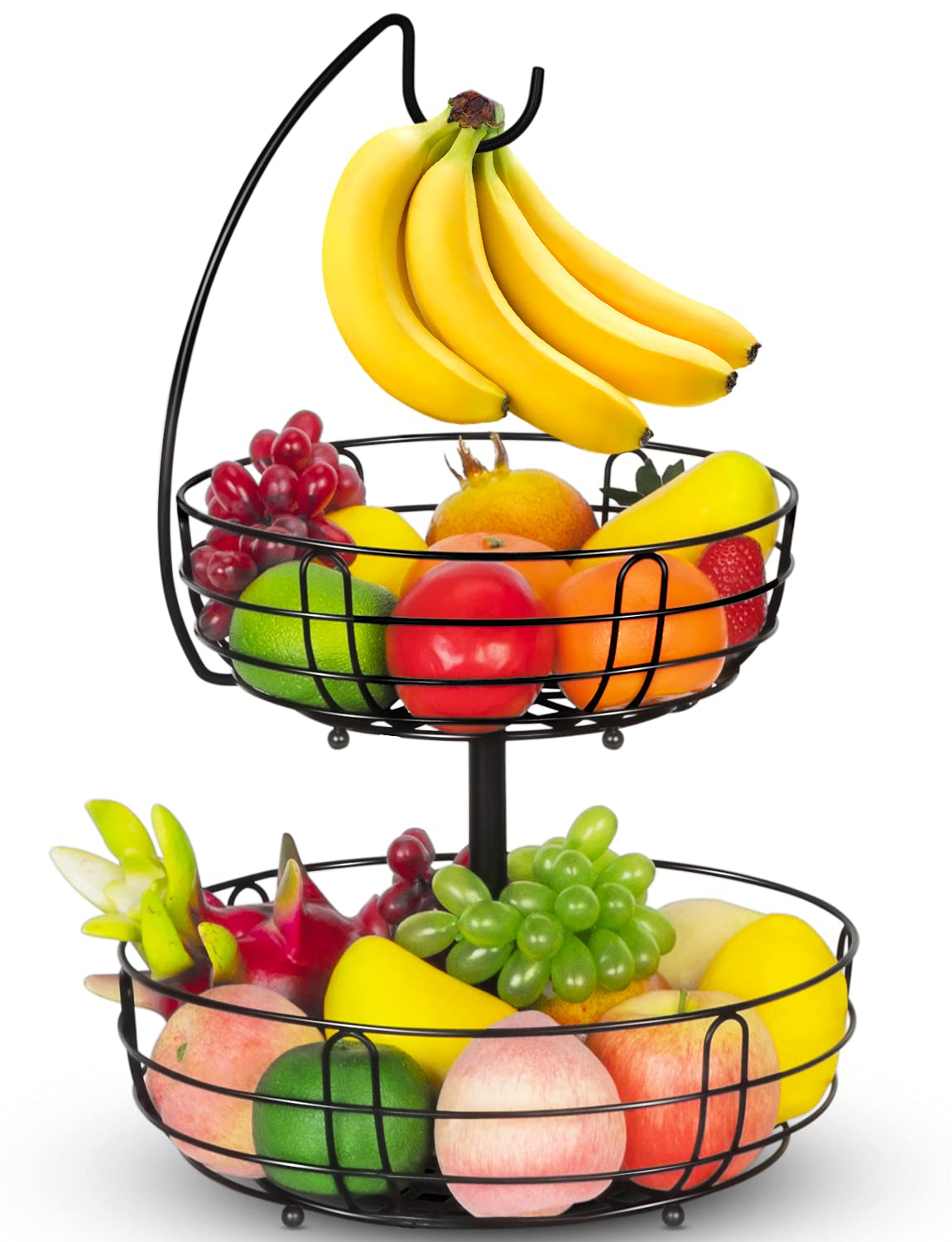 Bextcok 2 Tier Fruit Basket, Vegetables Fruit Bowl Storage with Banana Holder Hanger Hook Stand Organizer for Kitchen Countertop Counter, Black
