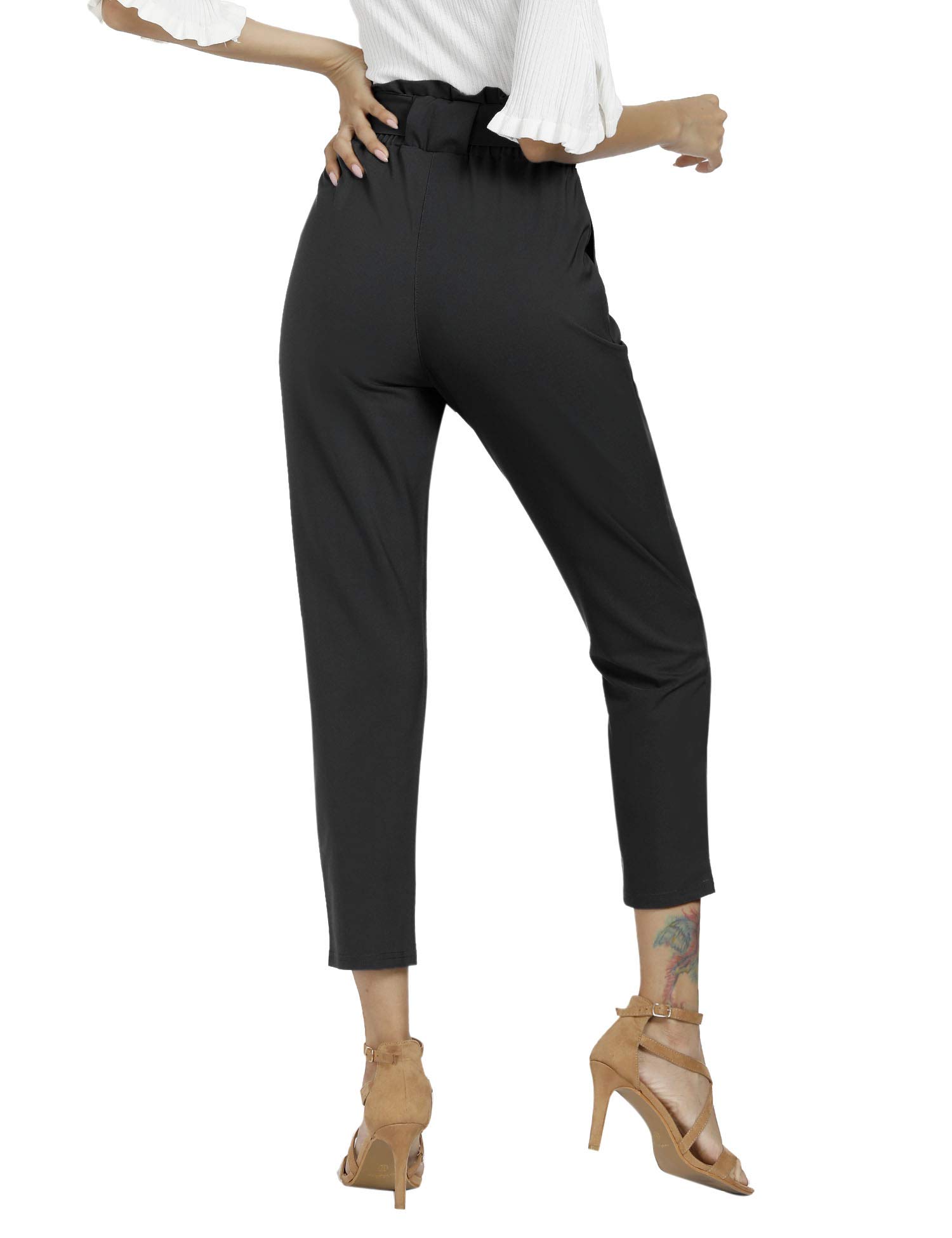Freeprance Women's Pants Casual Trouser Paper Bag Pants Elastic Waist Slim Pockets XBK M Black