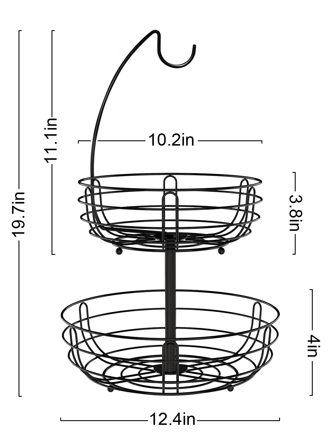 Bextcok 2 Tier Fruit Basket, Vegetables Fruit Bowl Storage with Banana Holder Hanger Hook Stand Organizer for Kitchen Countertop Counter, Black