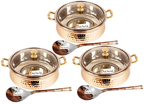 Set of 3 Prisha India Craft SMALL SIZE Steel Copper HANDI with Lid and Serving Spoon - Set of Copper Handi and Serving Spoon - Bowl Dia - 5.00" X Height - 2.25" - Christmas Gift