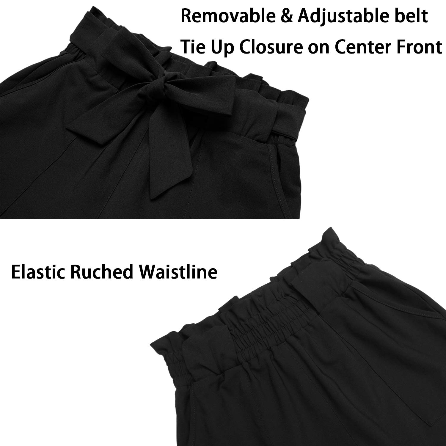 Freeprance Women's Pants Casual Trouser Paper Bag Pants Elastic Waist Slim Pockets XBK M Black