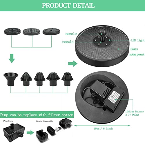 Solar Fountain Full Glass Panel with Battery, 2022Upgrade 3W Solar Powered Bird Bath Fountain with LED Light 8 Nozzle 4 Fixer, Floating Solar Fountain Pump for BirdBath Pond Pool Garden Outdoor