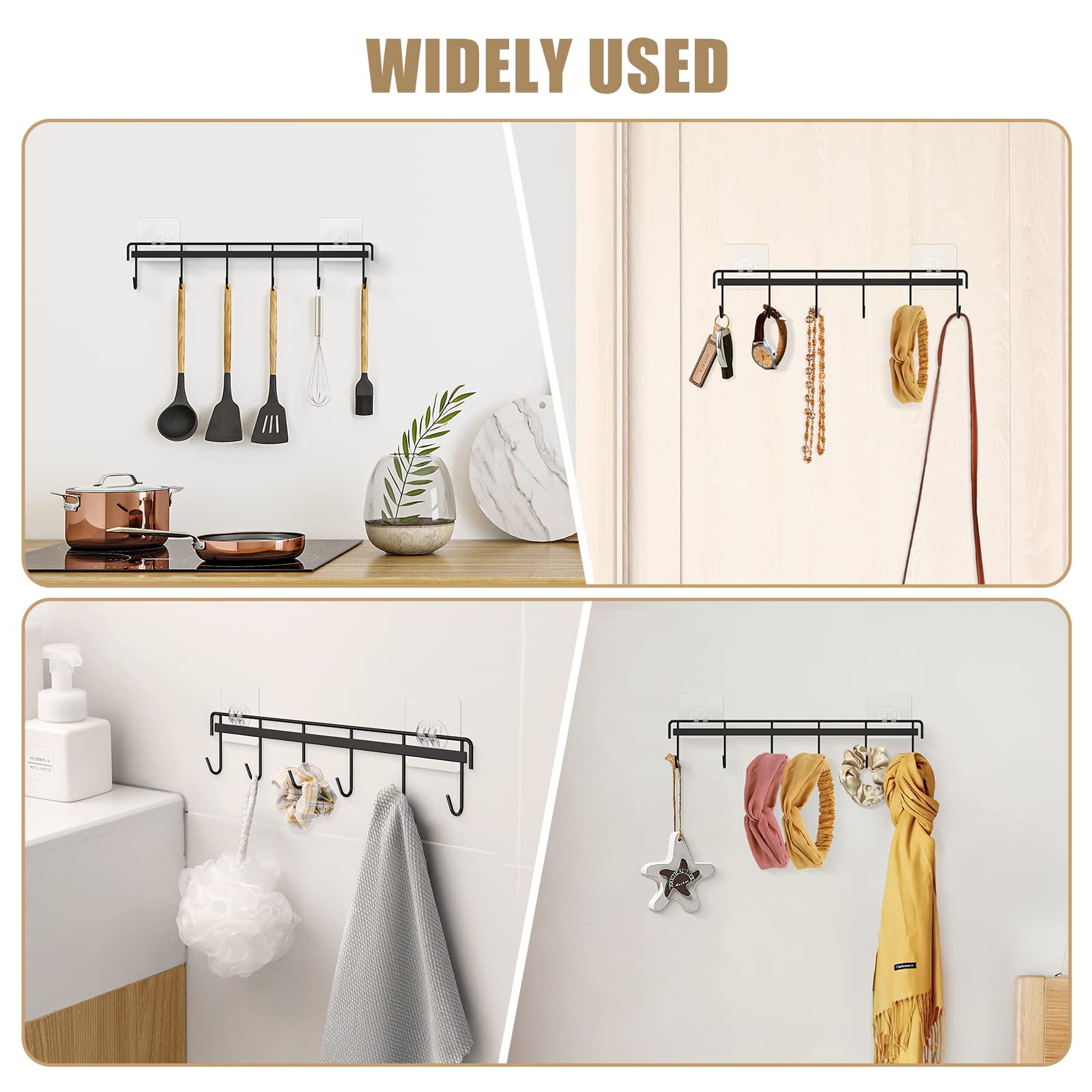HOMEBROS Kitchen Utensil Rail Rack, 2 Packs Adhesive Utensil Rack Holder with 6 Hooks No Drilling Wall Mounted Hanger for Kitchenware Cups Mugs Towels - Black
