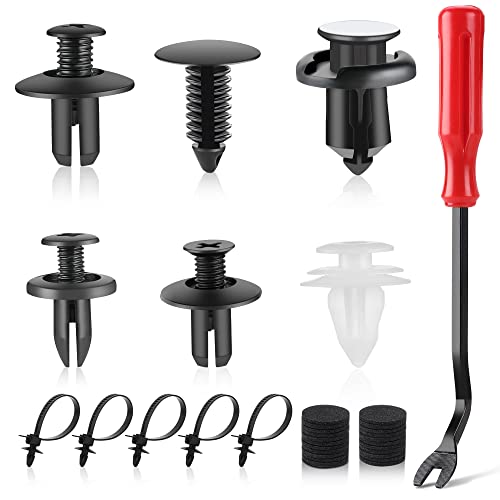 KCRTEK 120 pcs Bumper Clips 6mm 7.6mm 8mm 8.8mm 10mm Nylon Push Rivets,Plastic Rivets with Fastener Removal Sponge Cushions and Cable Ties