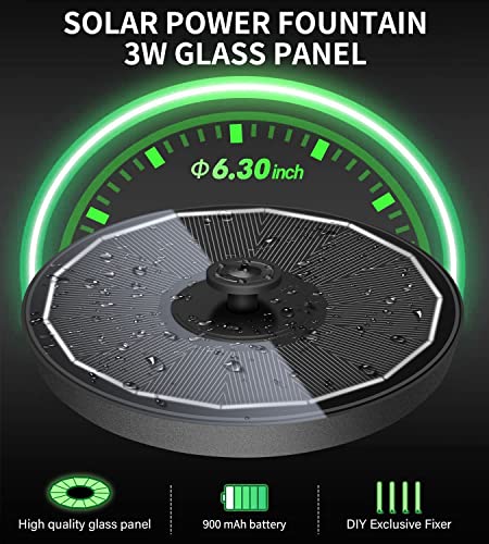 Solar Fountain Full Glass Panel with Battery, 2022Upgrade 3W Solar Powered Bird Bath Fountain with LED Light 8 Nozzle 4 Fixer, Floating Solar Fountain Pump for BirdBath Pond Pool Garden Outdoor