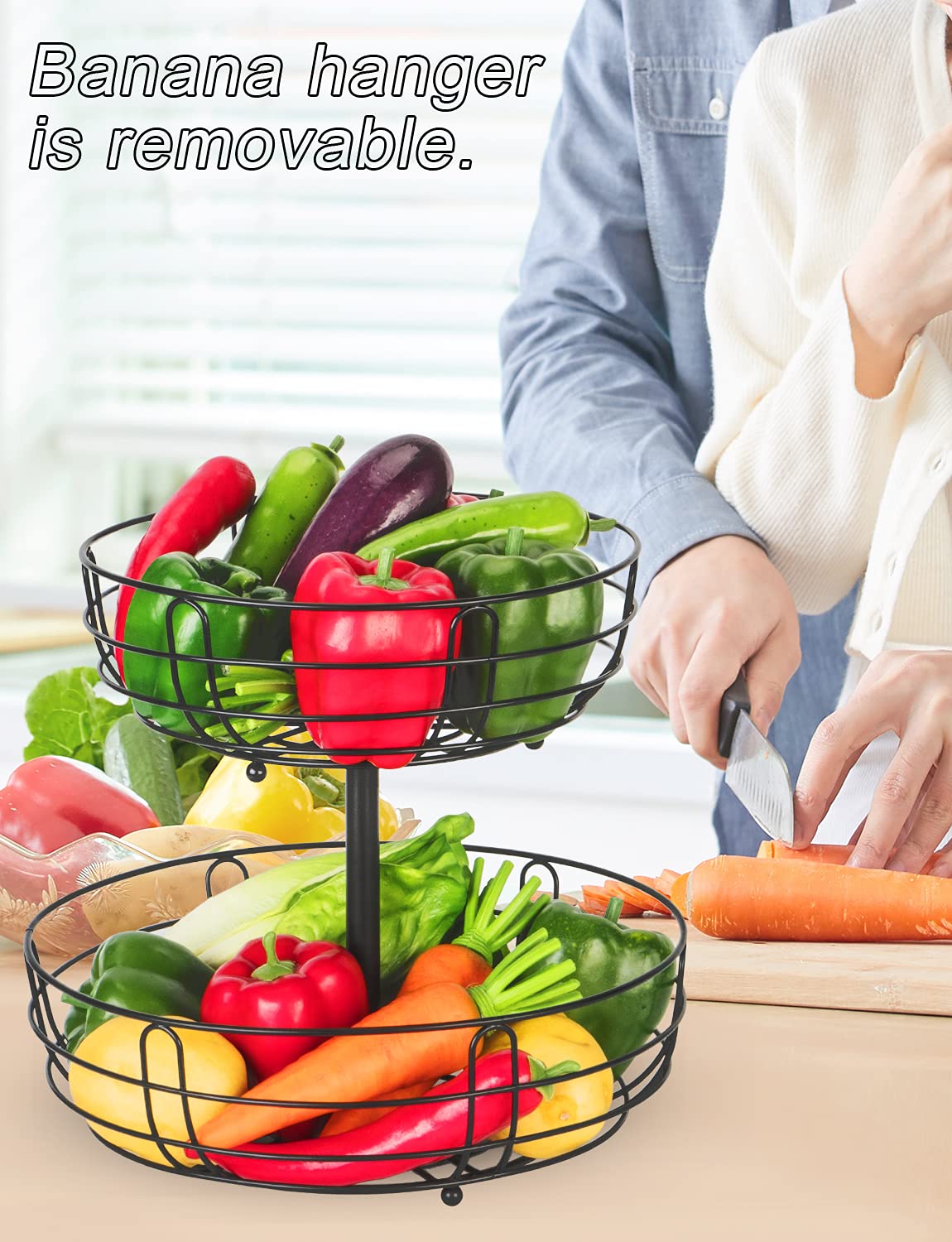 Bextcok 2 Tier Fruit Basket, Vegetables Fruit Bowl Storage with Banana Holder Hanger Hook Stand Organizer for Kitchen Countertop Counter, Black