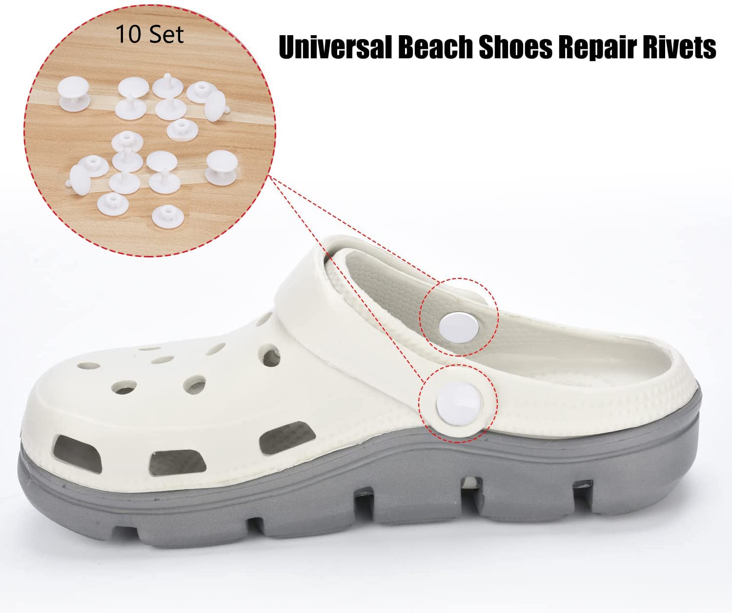 LUAATT Universal Beach Shoes Replacement Rivets,10 Set Repair Plastic Button for Men and Women Summer Shoes Strap (White)