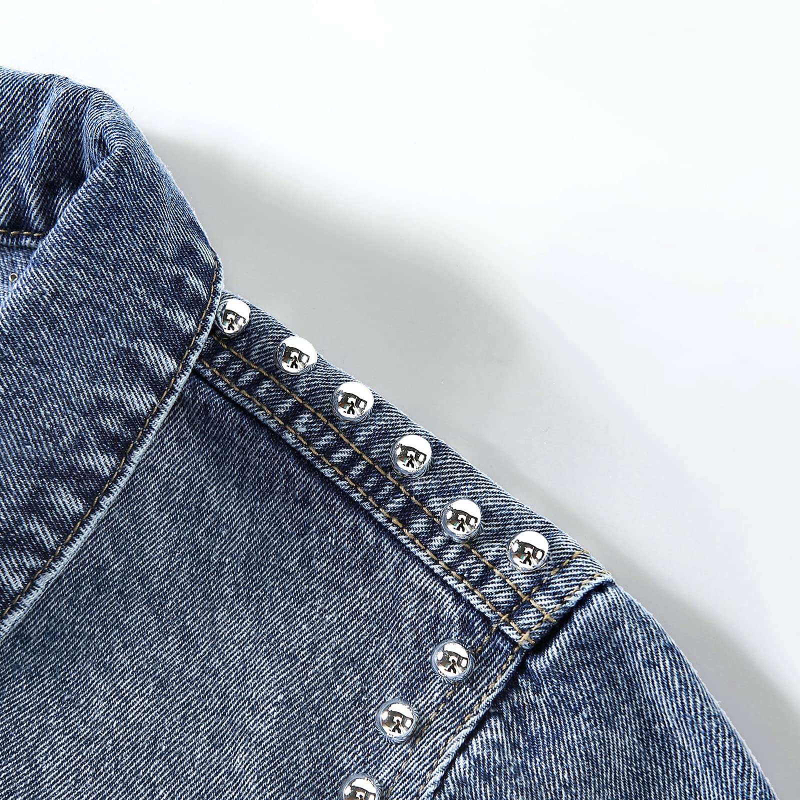 Women's Fashion Cropped Jean Jacket Lapel Long Sleeve Button Down Studded Short Rivet Denim Jacket Coat