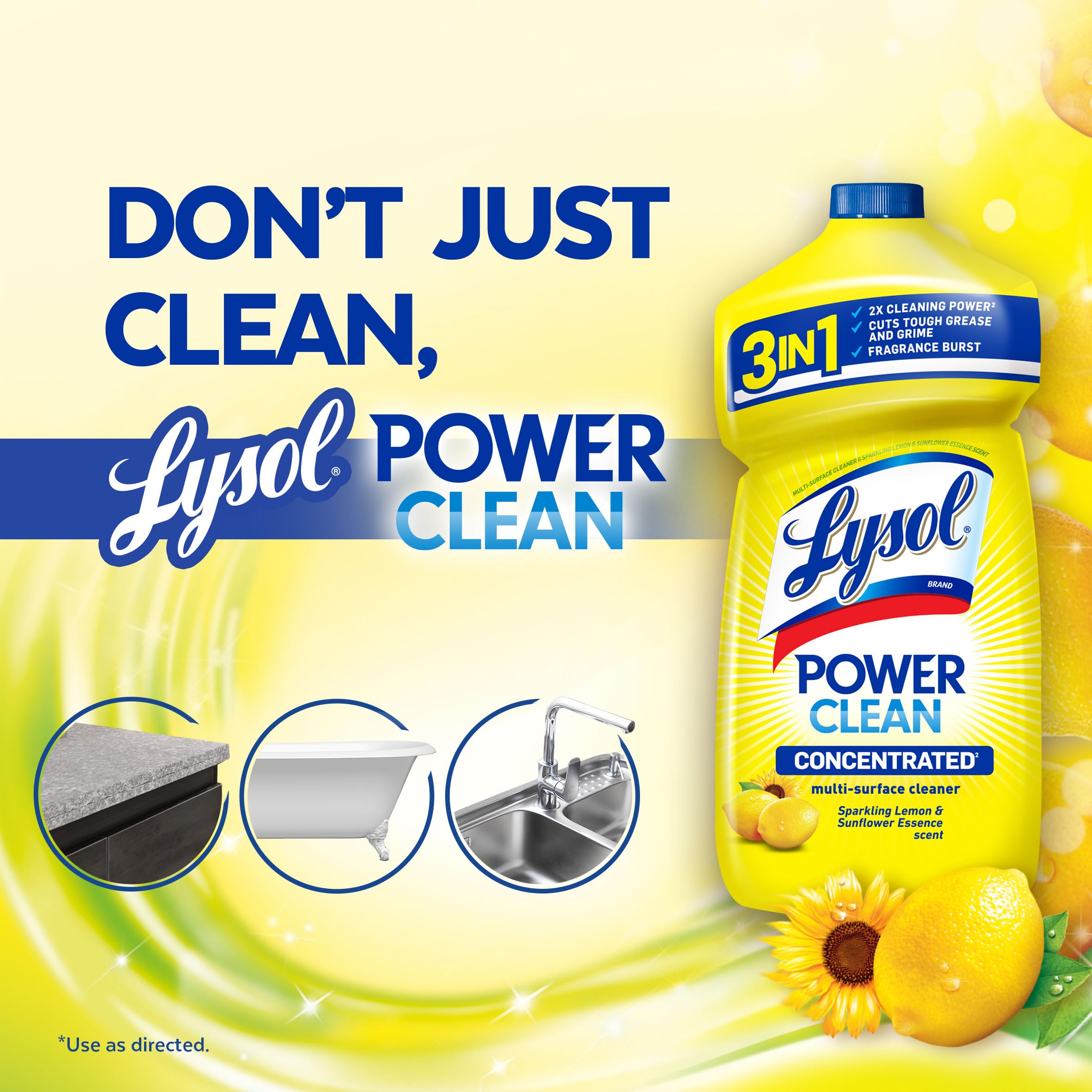 Lysol Multi-Surface Cleaner, Sanitizing and Disinfecting Pour, to Clean and Deodorize, Sparkling Lemon and Sunflower Essence, 40 Fl Oz (Pack of 3)